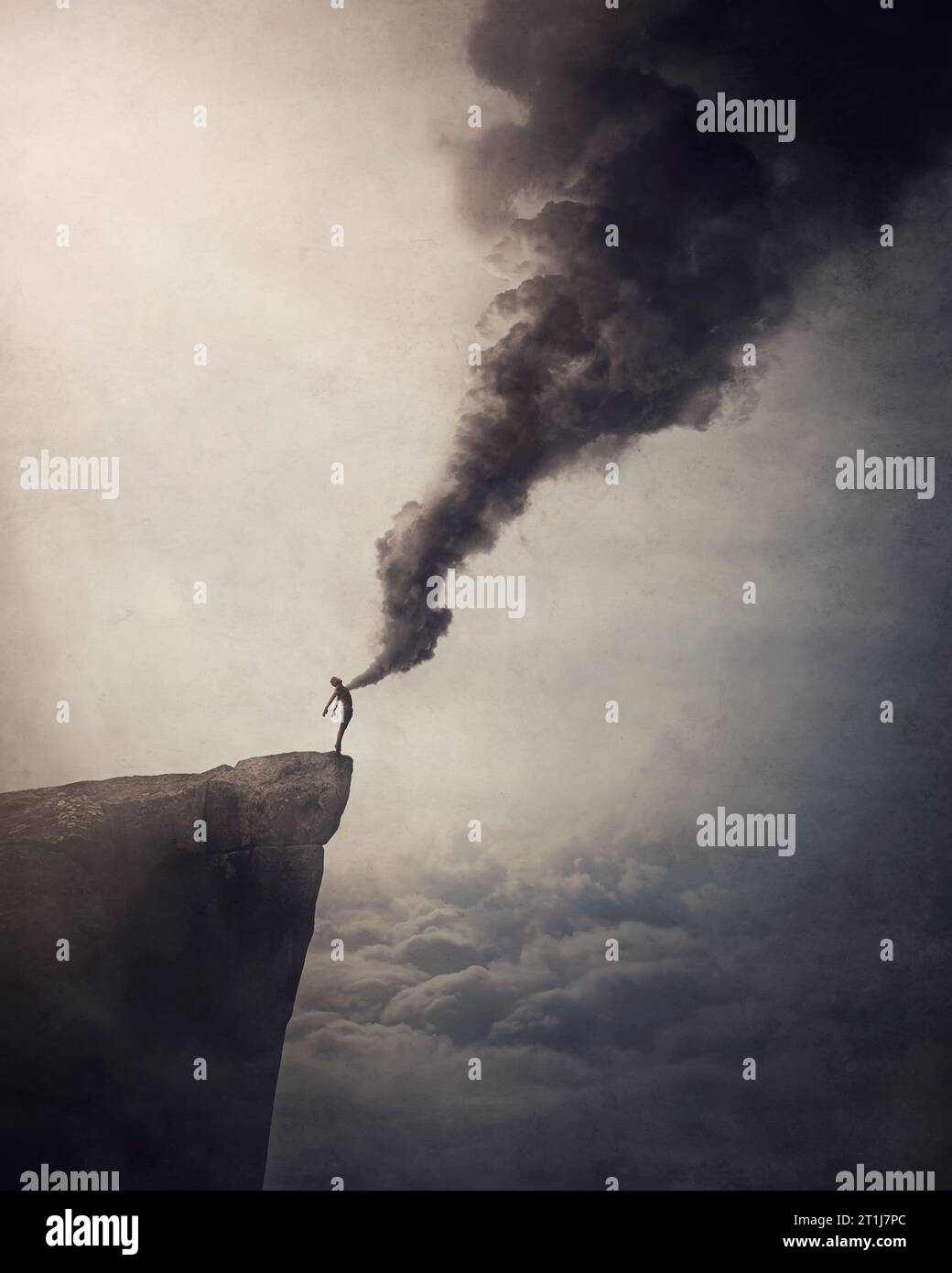 Deliver from evil conceptual scene with a person on the edge of a cliff ...