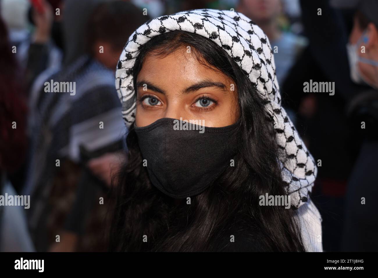 A young Palestinian woman wearing a Keffiyeh attends a protest in Times ...