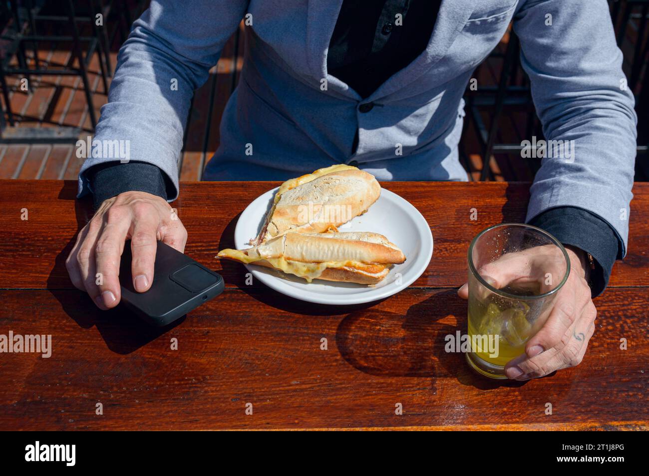 top view of caucasian hands of unrecognizable businessman, sitting ...