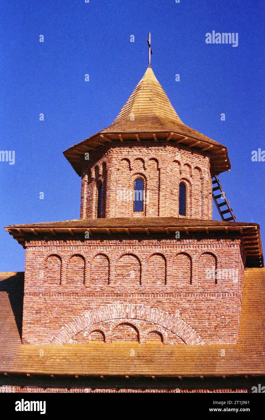 Arges County, Romania, 2000. Exterior of the new church at Cotmeana ...