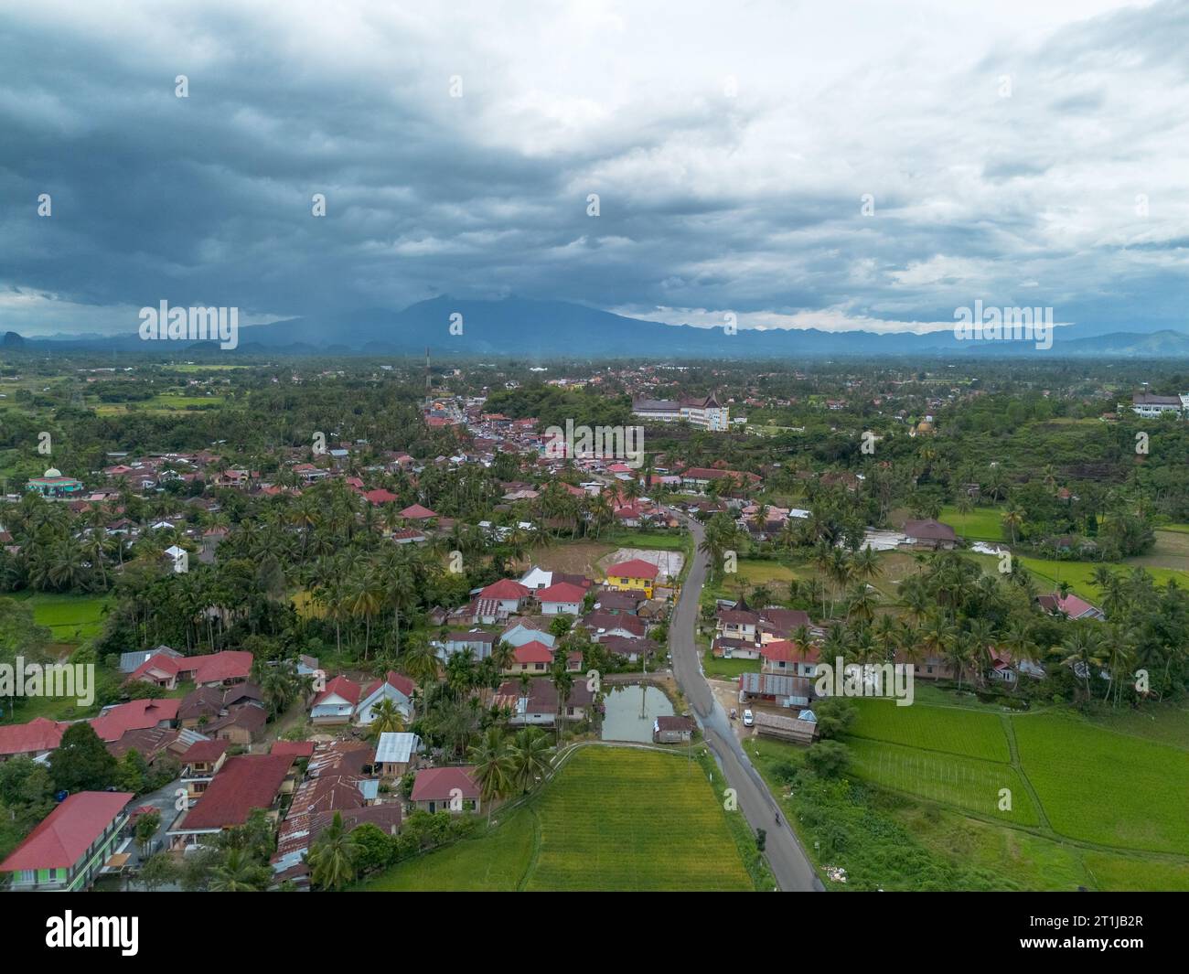Aerial View of Pekanbaru city skyline with many trees in Indonesia. The ...