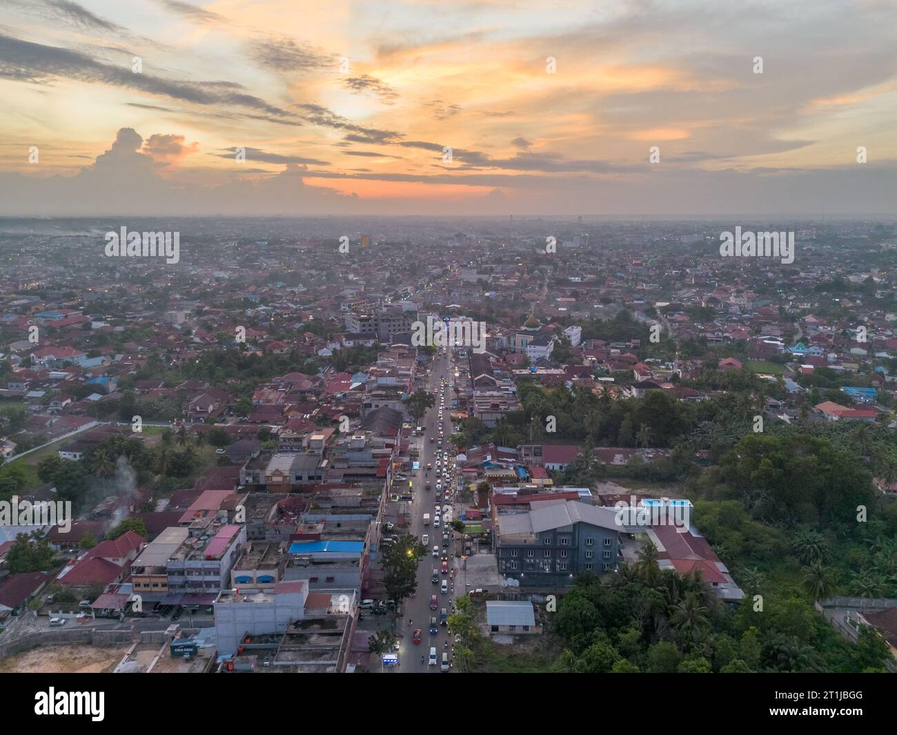 Aerial view of Pekanbaru city skyline during sunset. Capital city of ...