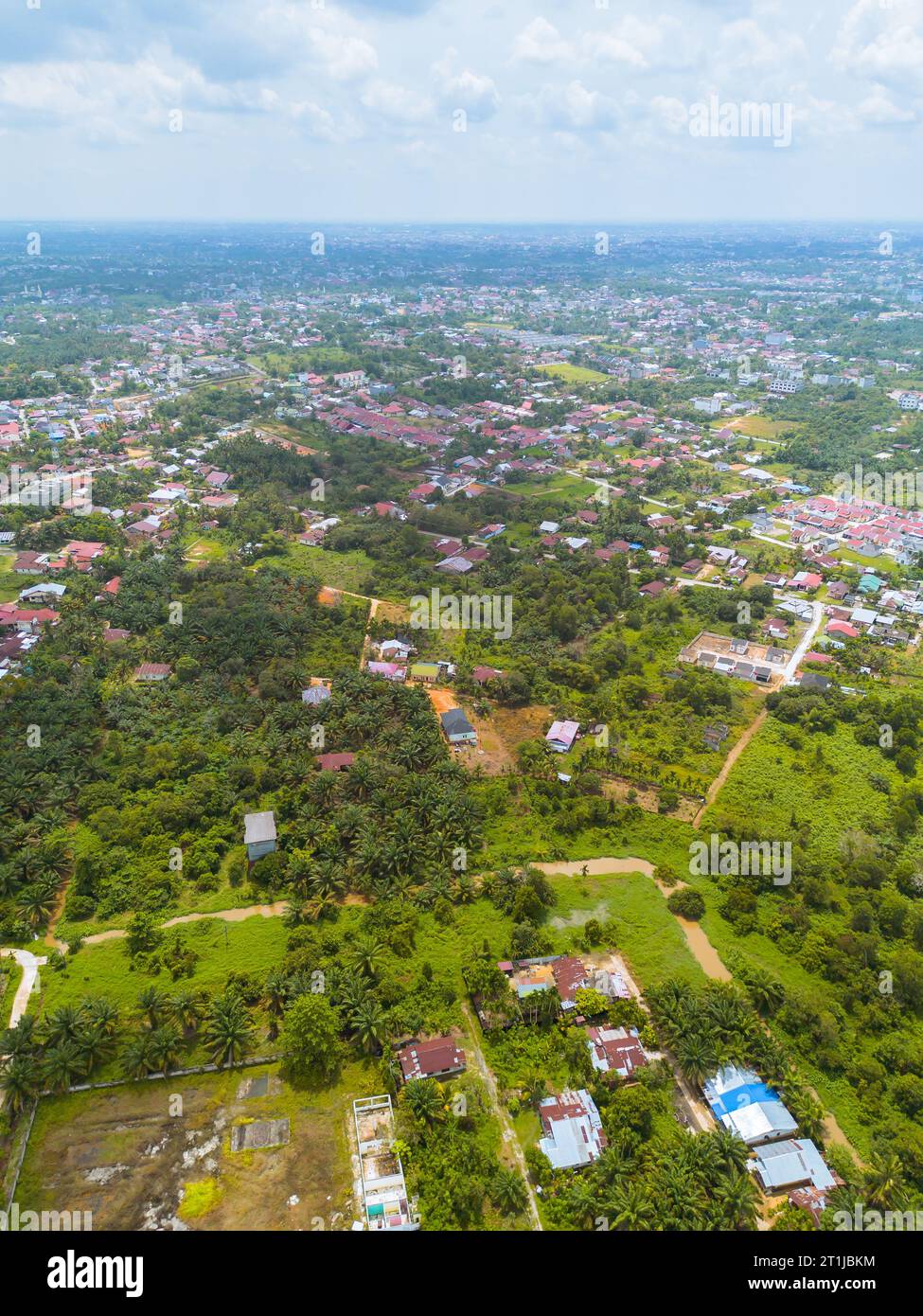 Aerial View of Pekanbaru city skyline with many trees in Indonesia. The ...