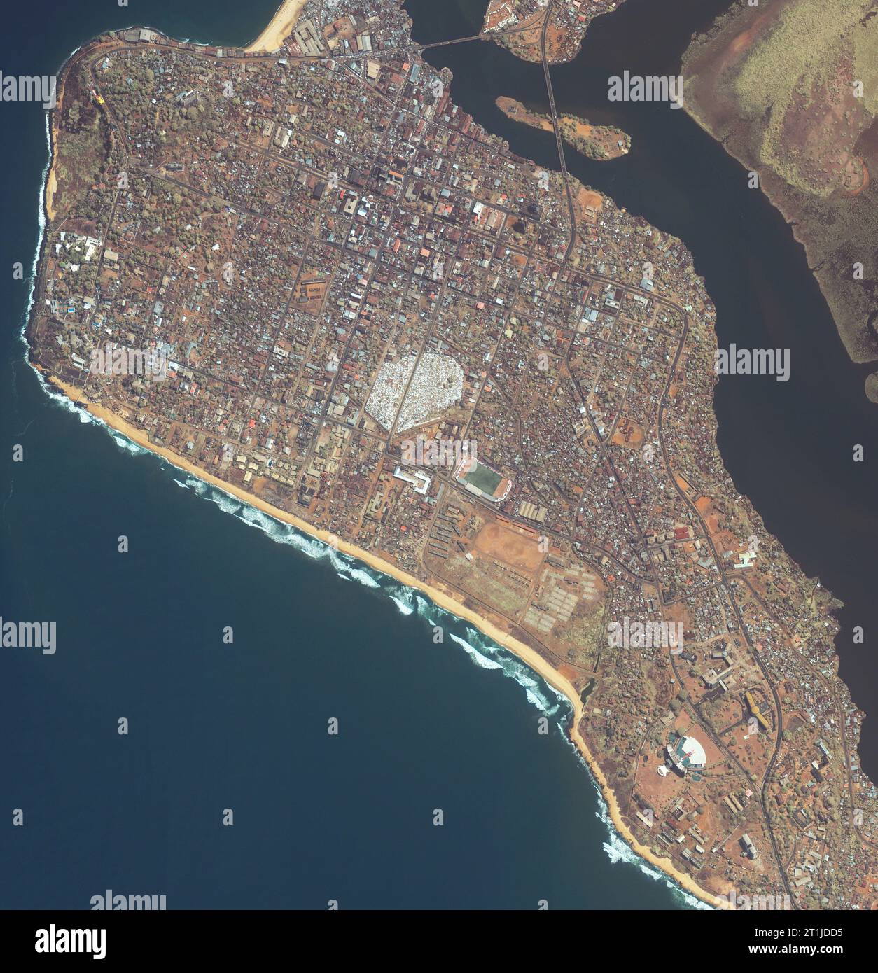 Sea, buildings and top view of earth map with nature, water and ...