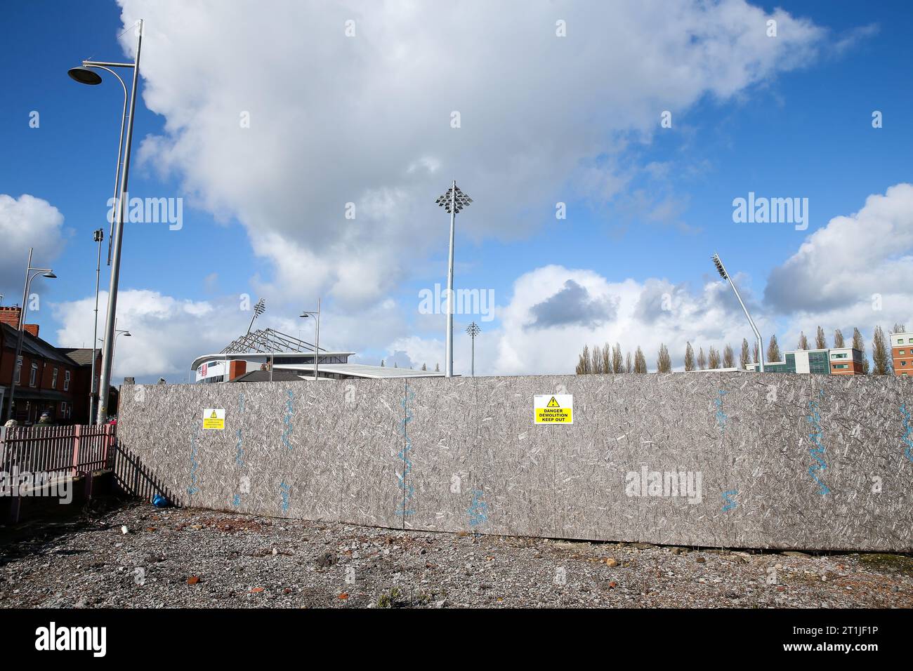 A view of the demolished stand at the stadium before the Sky Bet League ...