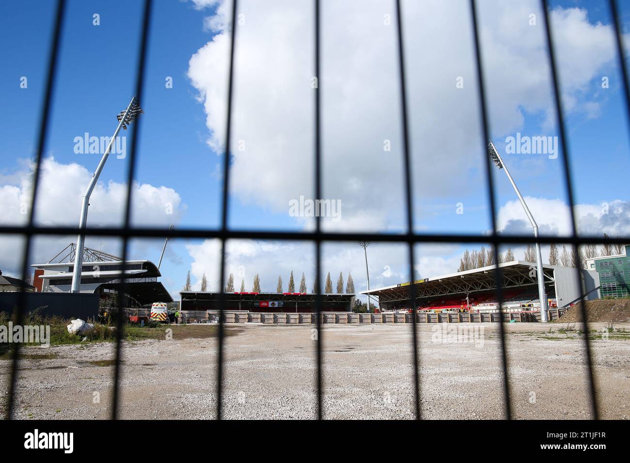 A view of the demolished stand at the stadium before the Sky Bet League ...