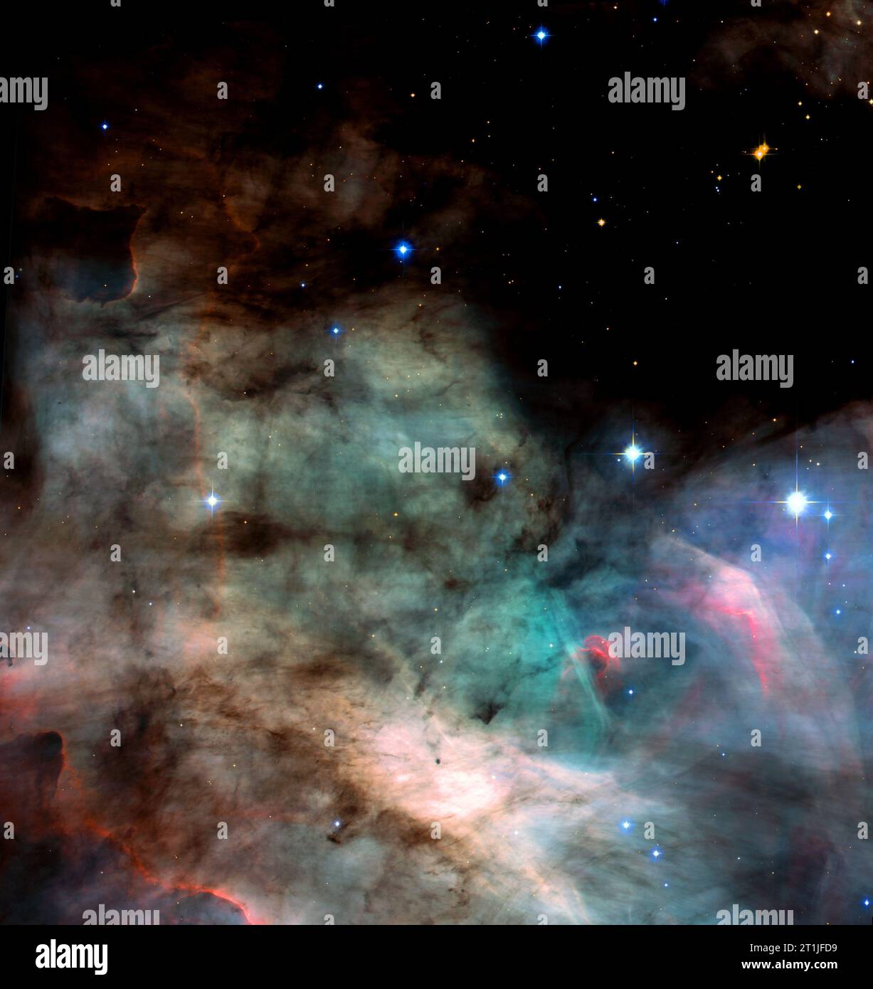 Galaxy, stars and neon cosmos in universe on dust cloud with light ...