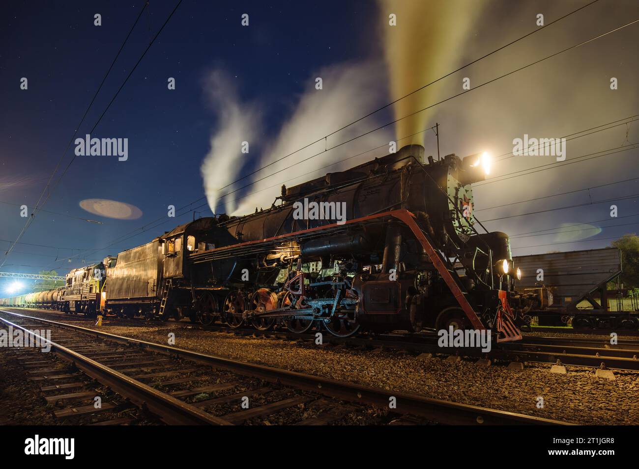 Old working steam locomotive on railway at night Stock Photo - Alamy