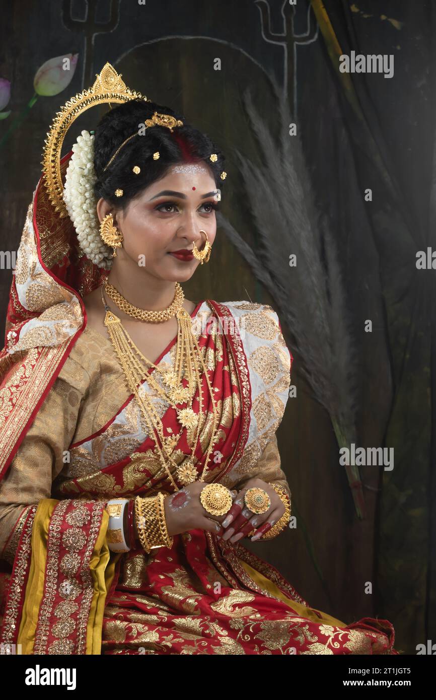 Portrait of beautiful Indian girl of Durga Idol Agomoni Concept Indoor ...