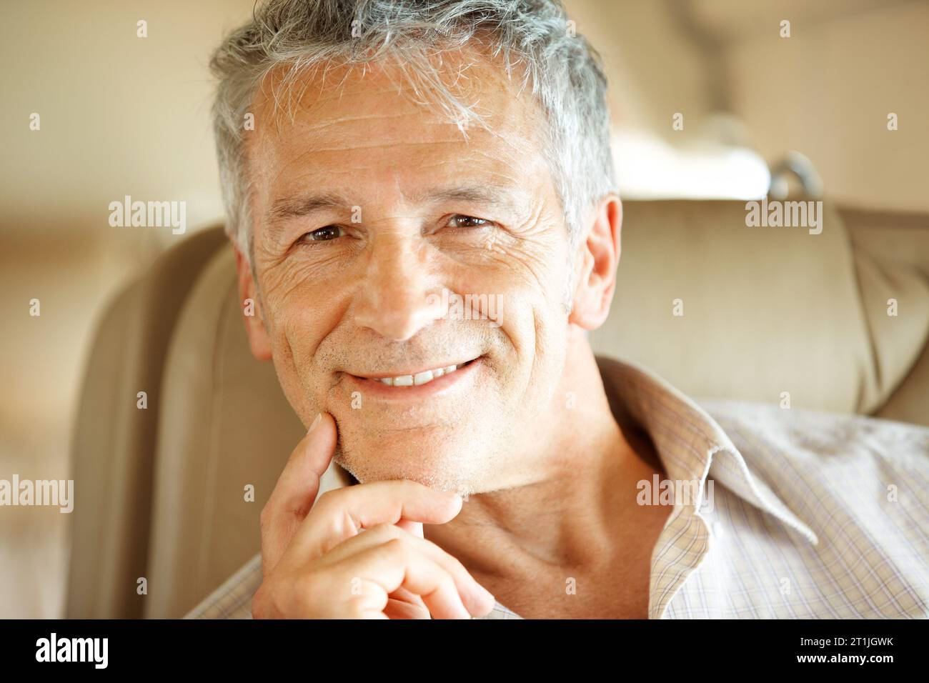 Senior man in plane, travel and transportation with flying, portrait ...