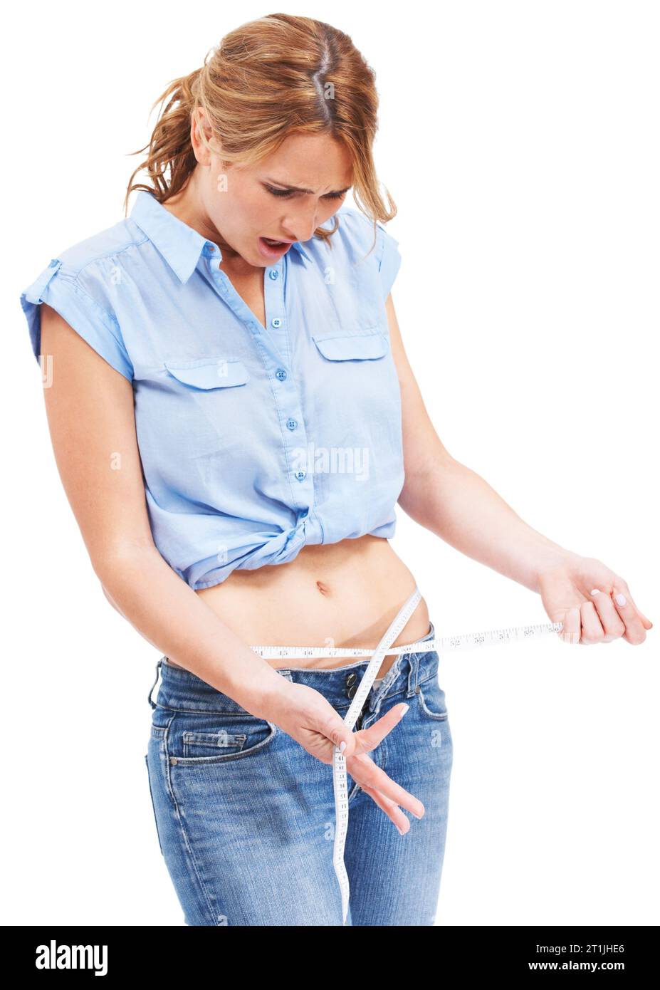 Health, shock and woman with measuring tape on waist, healthy diet and ...