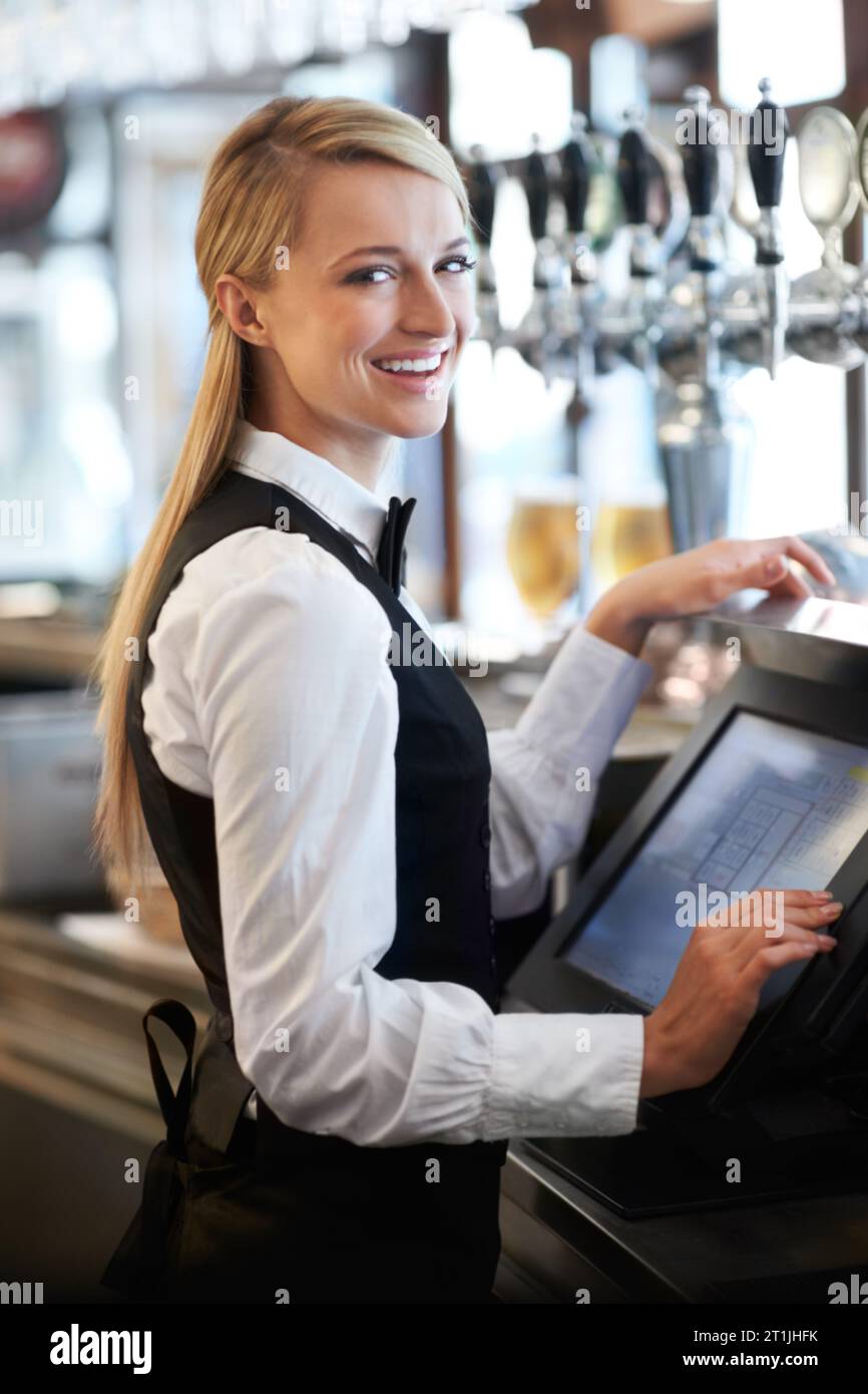 Cashier, barista and portrait of woman waiteress in cafe checking for ...