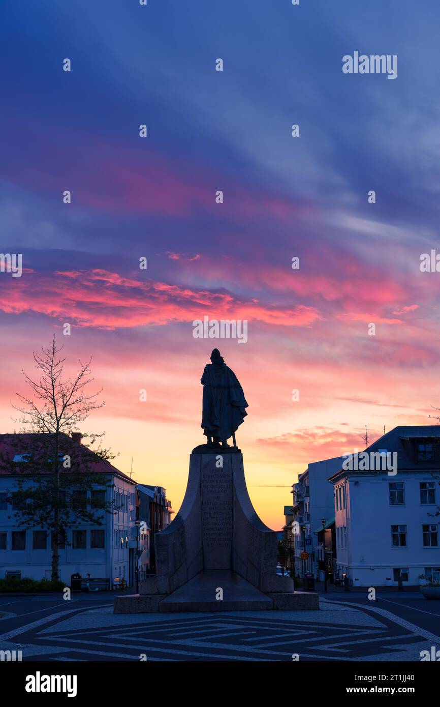 Silhouette of prominent monument statue of Leif Erikson, a famous ...
