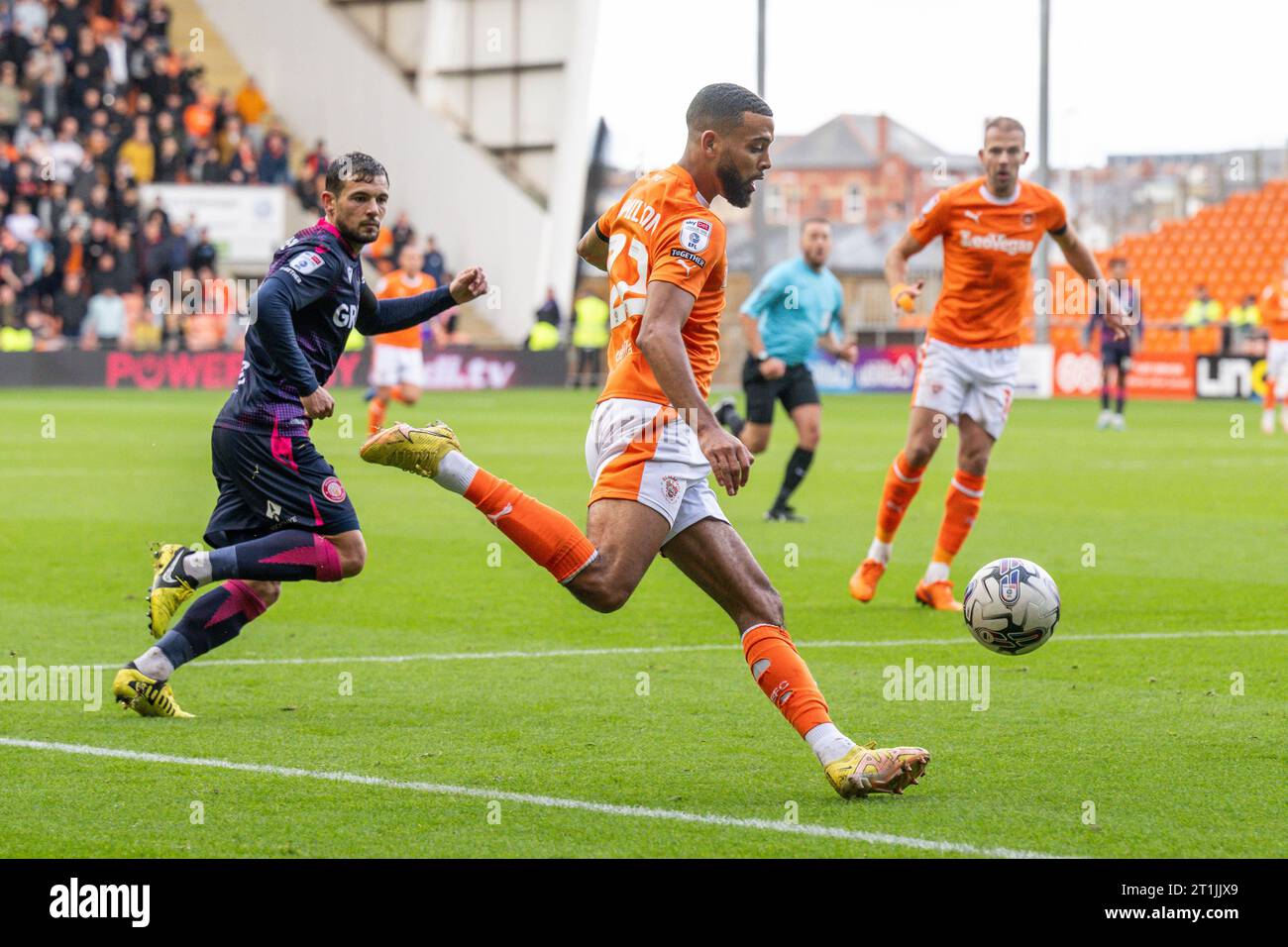 CJ Hamilton #22 of Blackpool shoots on goal during the Sky Bet League 1 ...