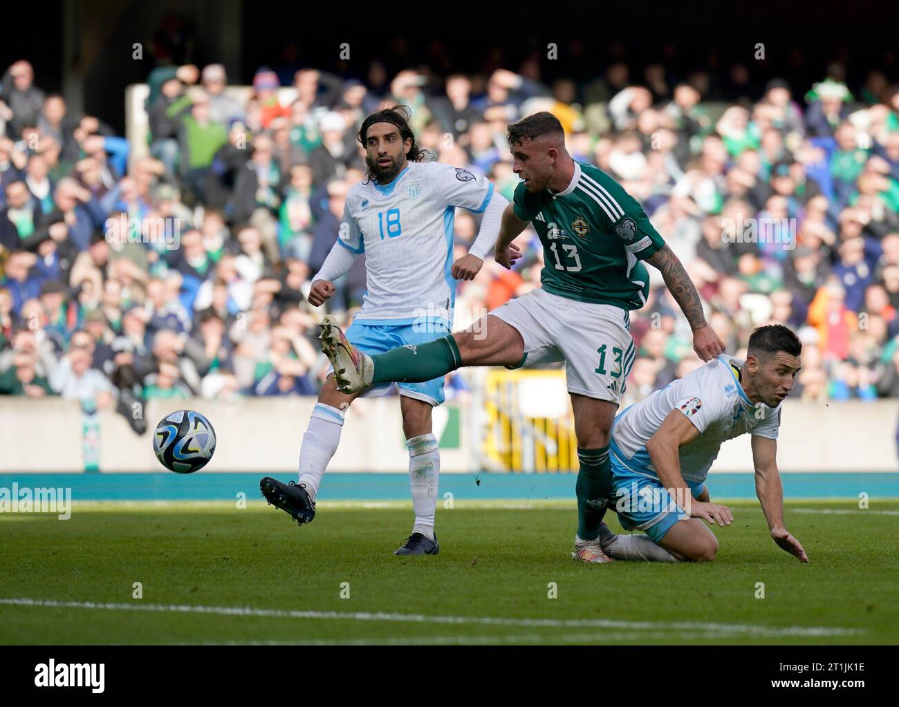 Northern Ireland's Dale Taylor (centre) has a shot on goal during the ...