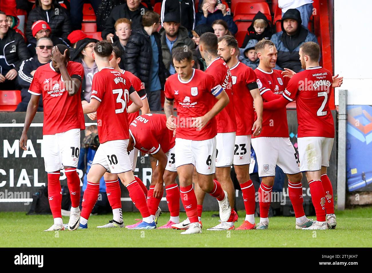 Crewe, UK. 14th Oct, 2023. Mickey Demetriou of Crewe Alexandra (2nd ...