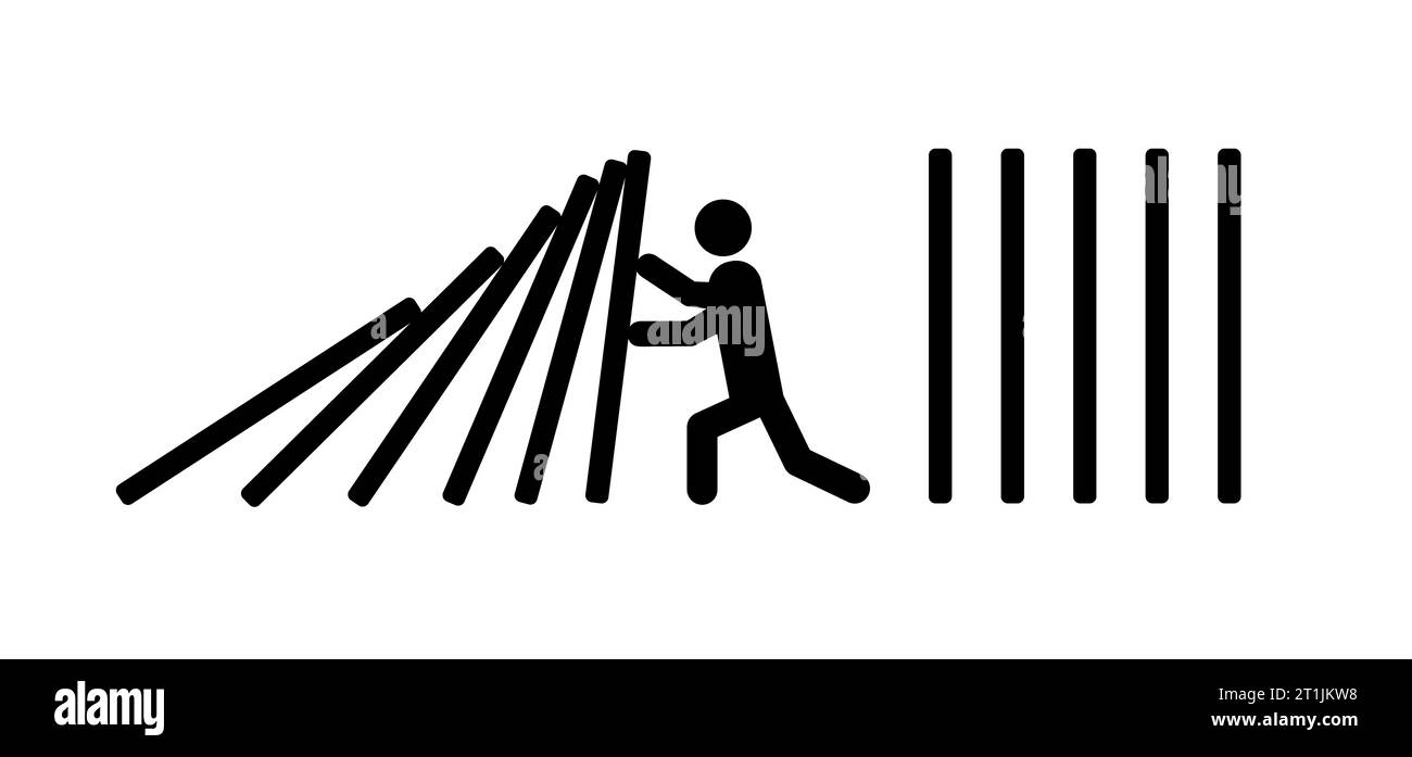 Cartoon stickman stop falling domino effect. Stack break crisis ...
