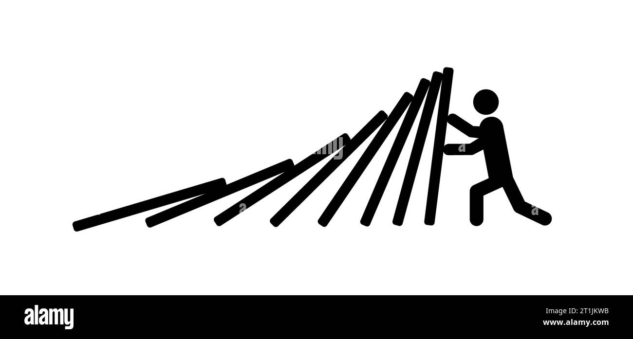 Cartoon stickman stop falling domino effect. Stack break crisis ...