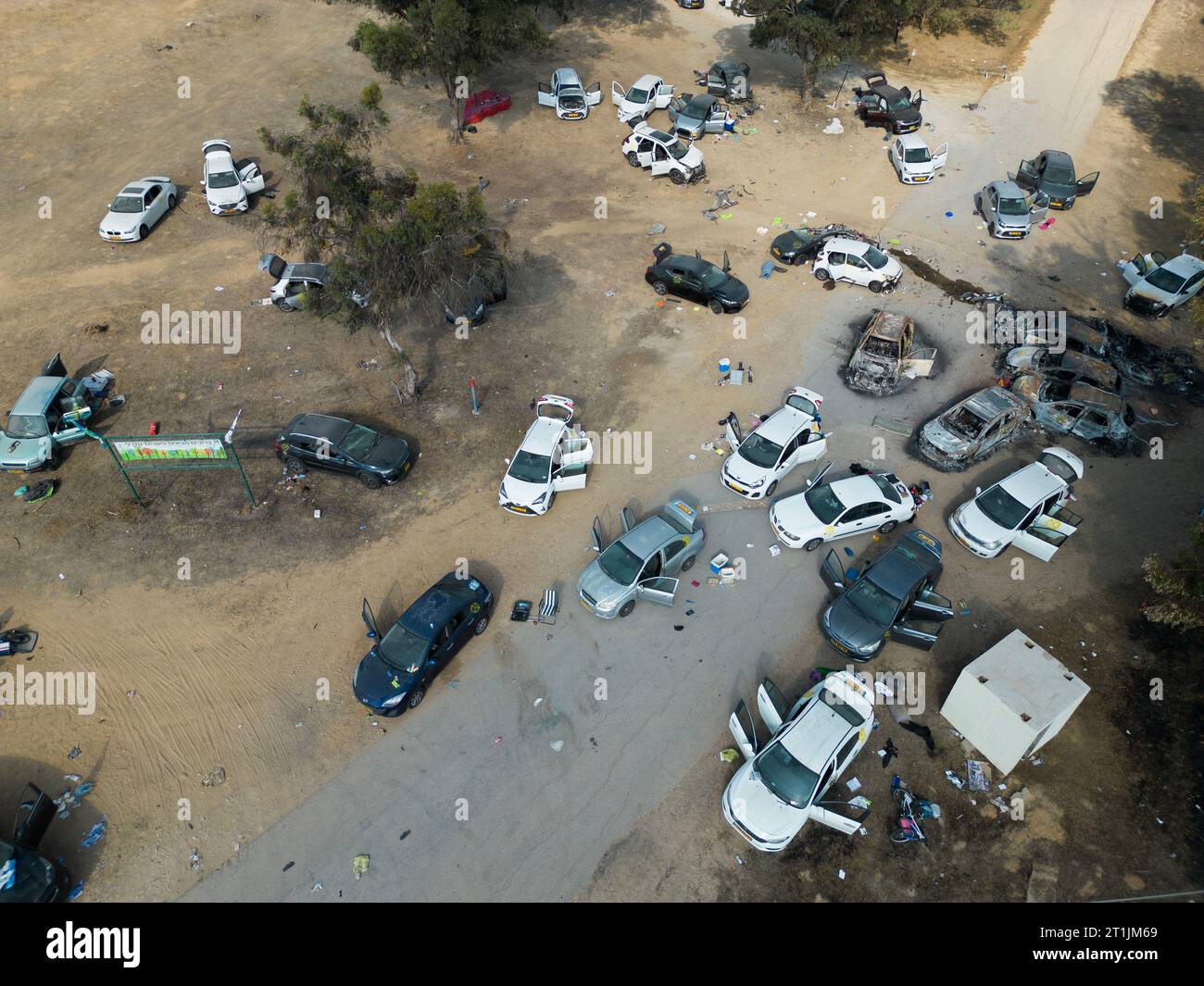 An aerial photo shows Israeli vehicles in a sandy area near the ...