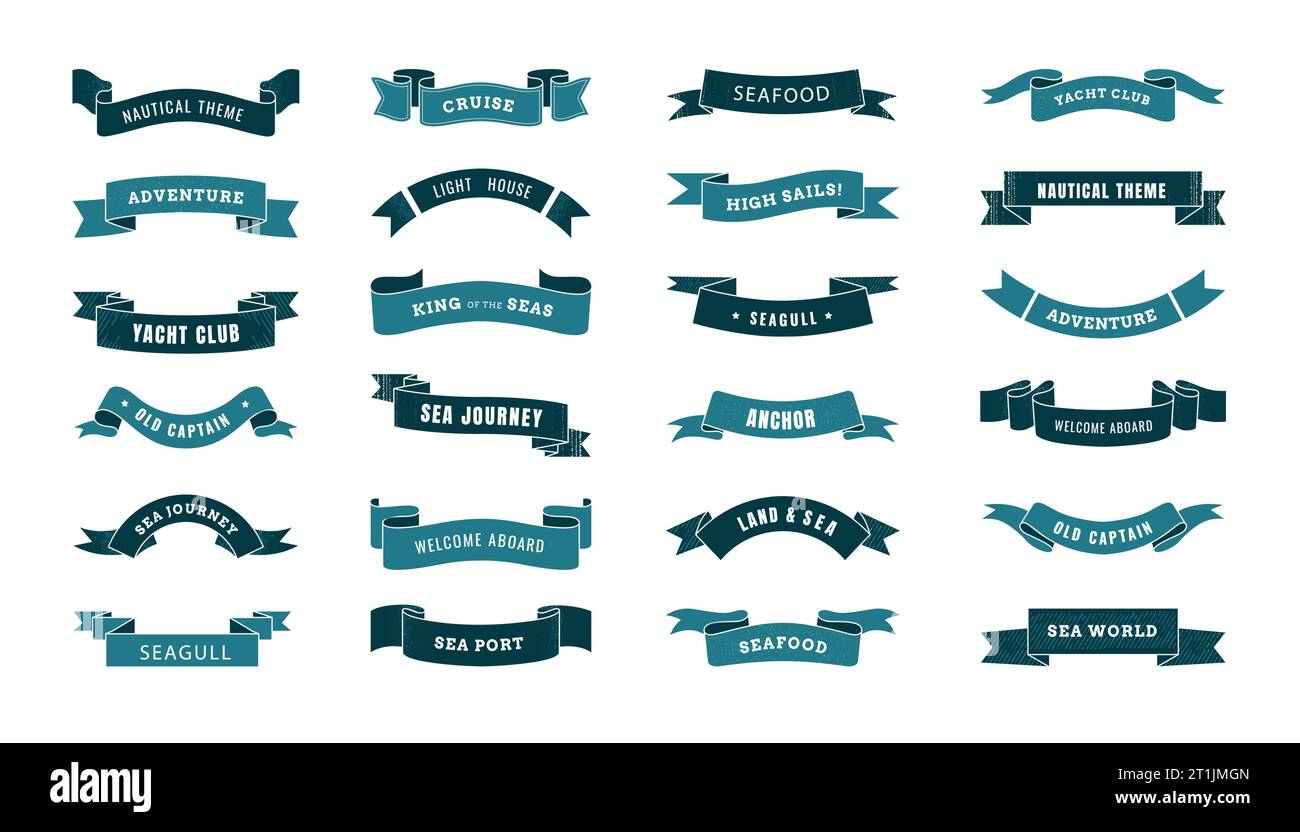 Marine banner, ribbon set. Curved anchor, scroll shapes, text label, it ...