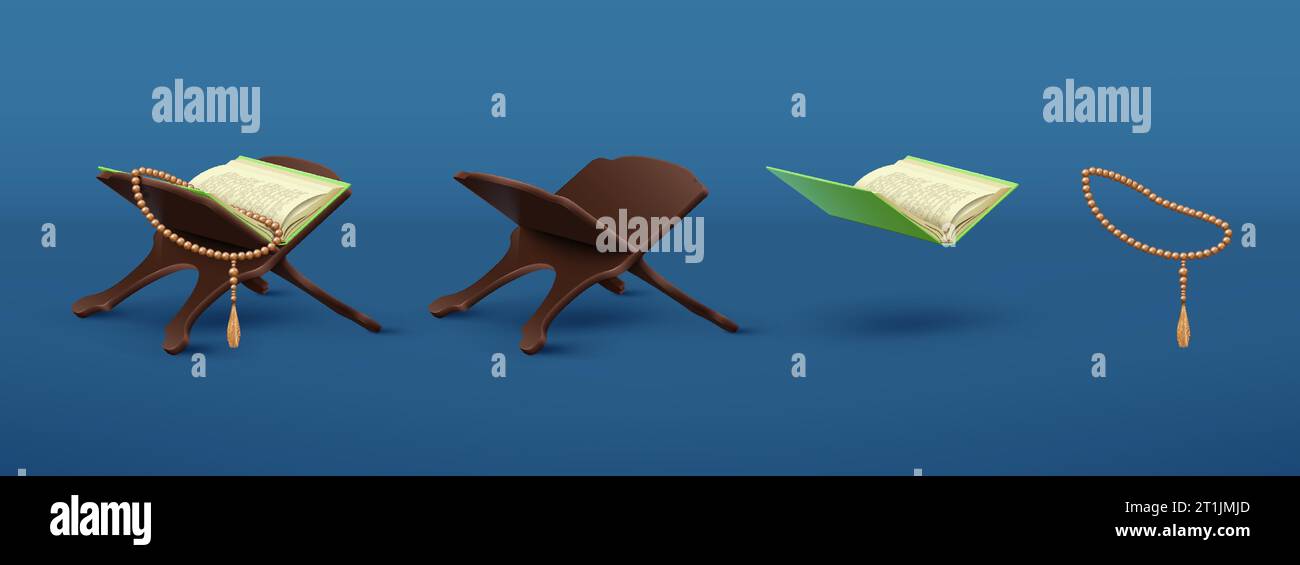 3d Quran. Islam book reading. Ramadan prayer holy element with bead ...