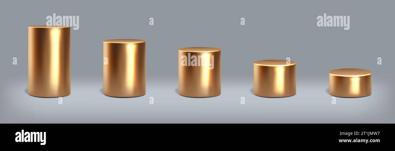 Gold podium. 3D golden cylinder. Metallic stand. Bronze stage. Glossy ...