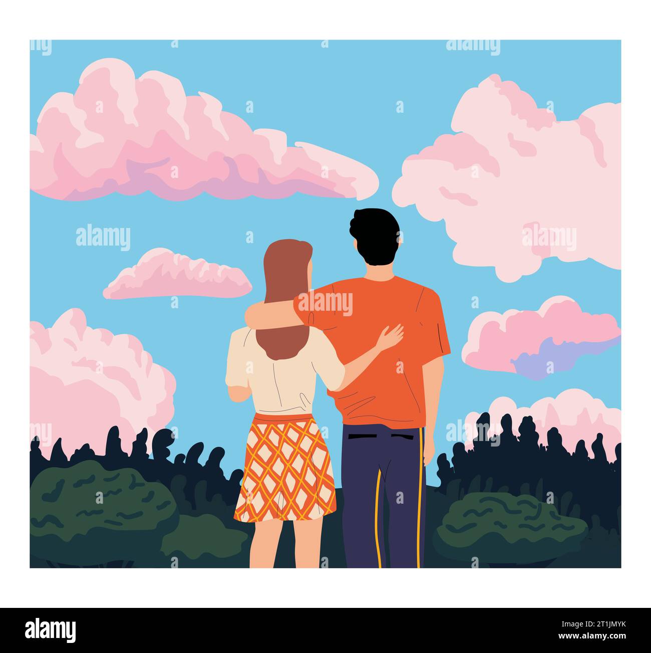 People looking forward. Couple admiring nature landscape. Man and woman ...