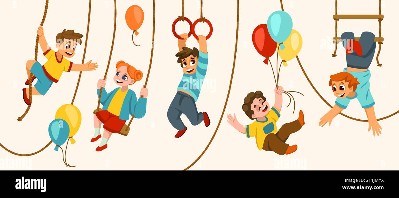 Kids play. Children fun. Swings in kindergarten. Active and funny games ...