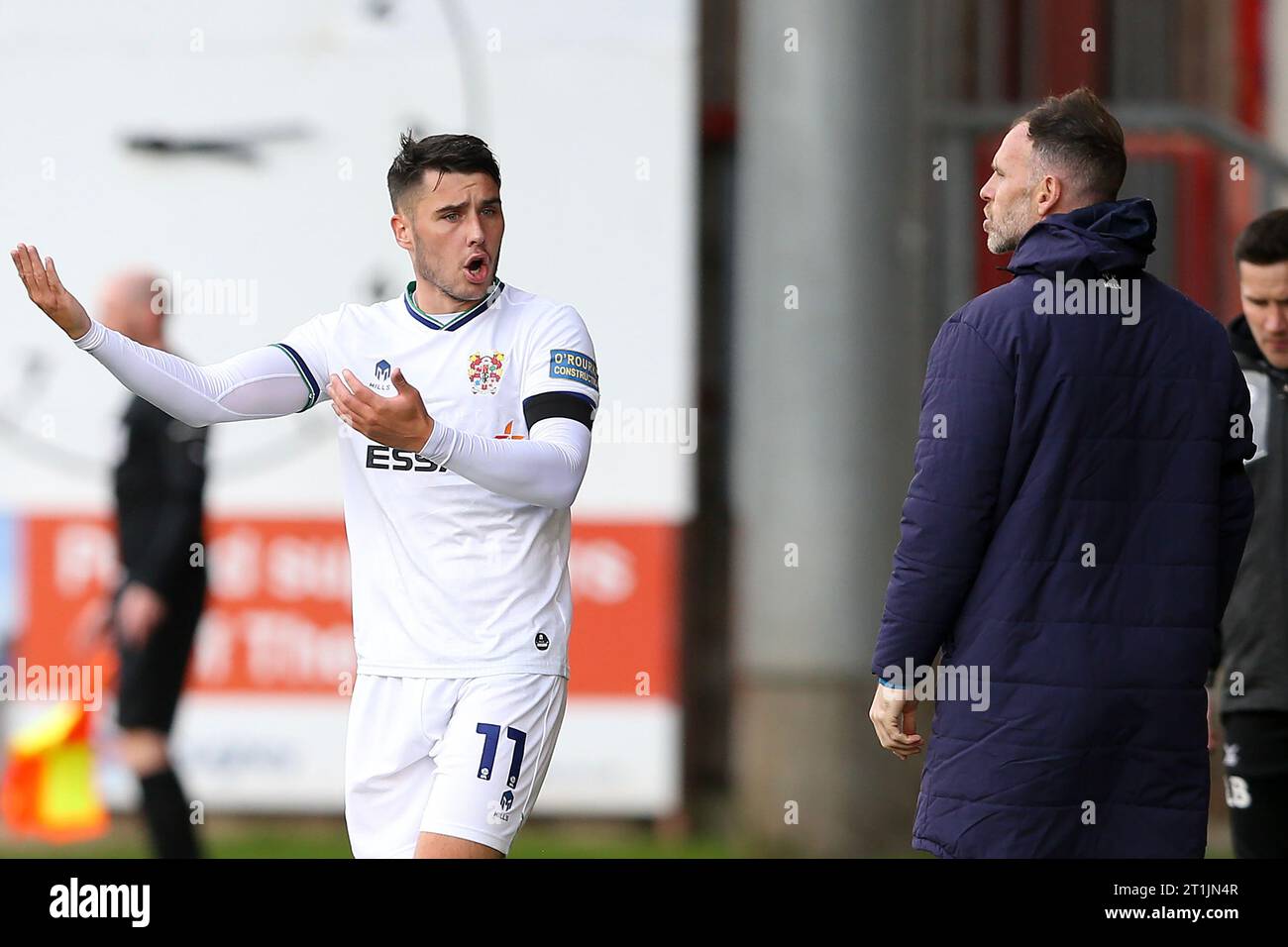Crewe, UK. 14th Oct, 2023. Josh Hawkes of Tranmere Rovers talks with ...