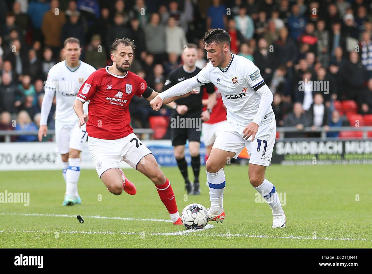 Crewe, UK. 14th Oct, 2023. Jack Powell of Crewe Alexandra (l0 and Josh ...