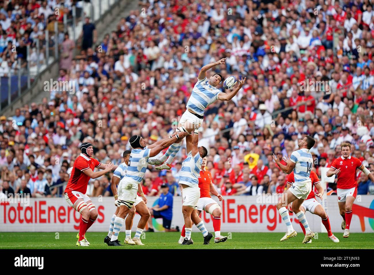 Argentina's Guido Petti is lifted to catch a high ball during the Rugby ...