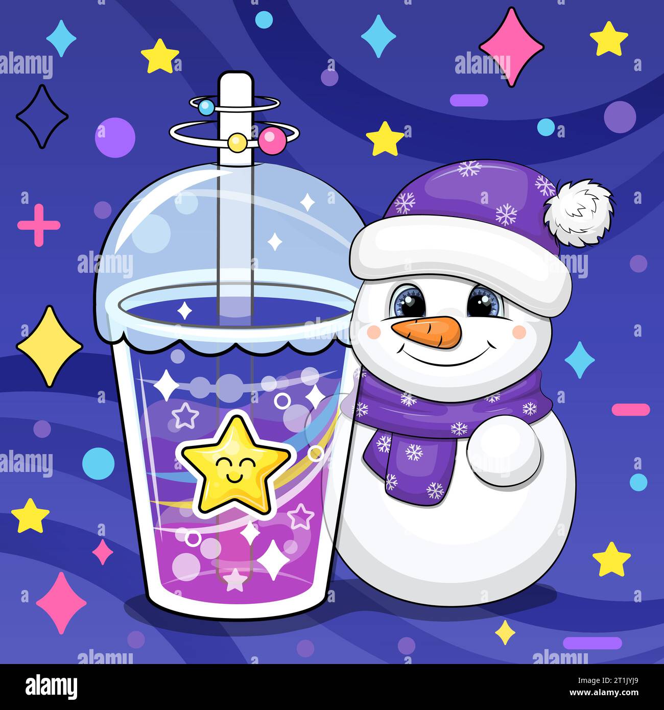 Cute cartoon snowman with star drink. Christmas vector illustration ...