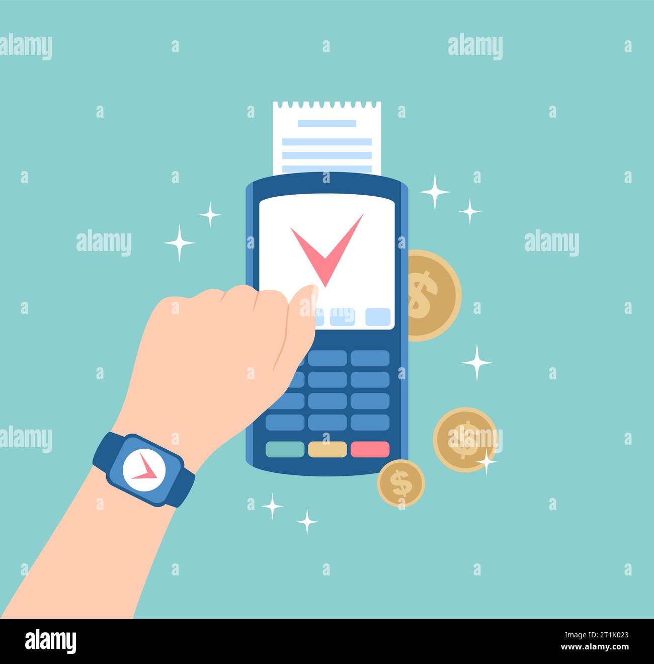 Contactless payment with smartwatch on POS terminal. Vector illustration in flat style Stock ...