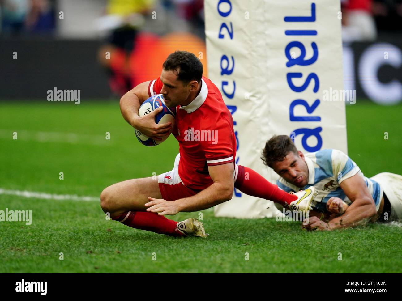Wales' Tomos Williams scores a try during the Rugby World Cup 2023 ...