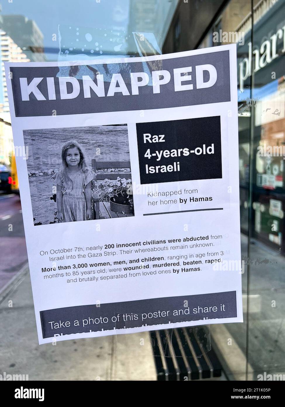 New York, United States. 13th Oct, 2023. A poster of a 4-year-old girl ...