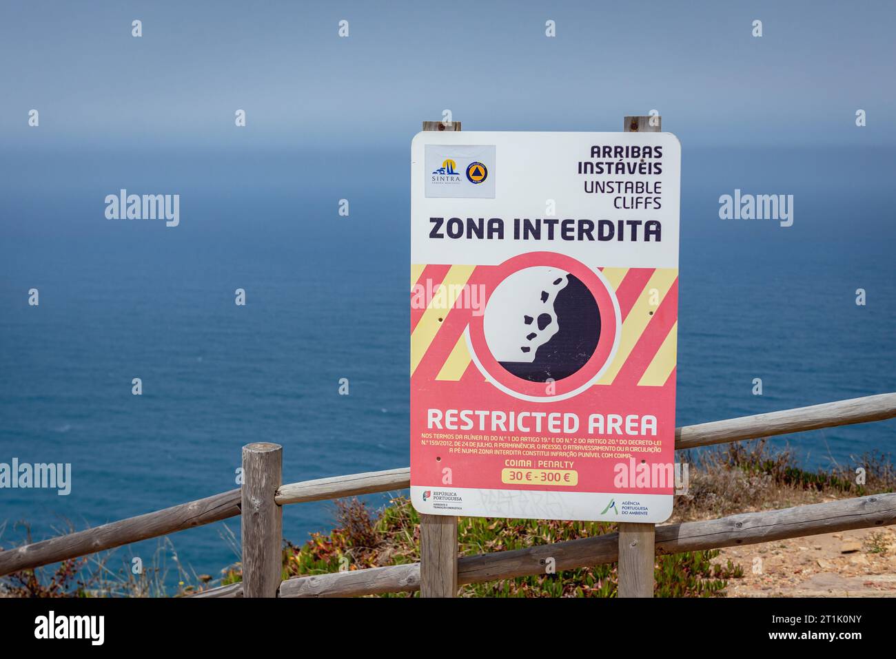 Warning sign on Cabo da Roca, westernmost point of the Sintra Mountain ...