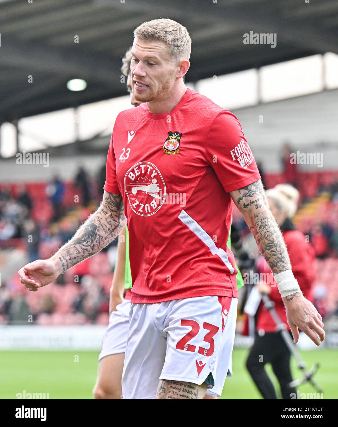 James McClean 23# of Wrexham Association Football Club warms up, during ...