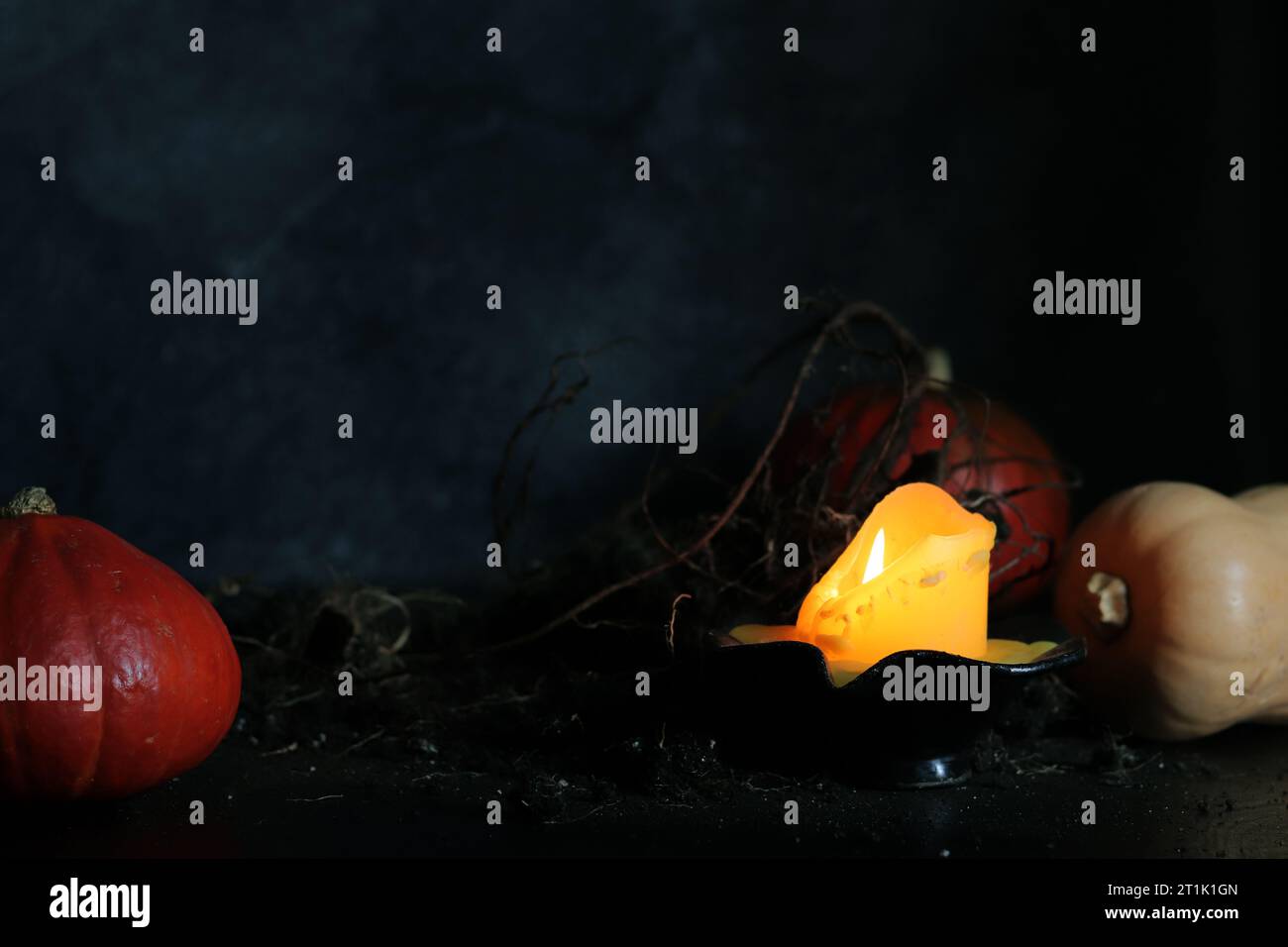 Happy Halloween. A burning candle, plant roots and pumpkins in the ...