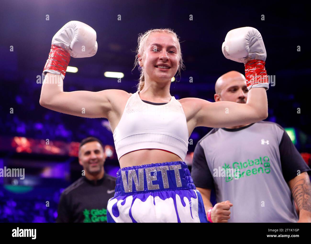 Astrid Wett celebrates beating Alexia Grace during the MF and DAZN: X ...