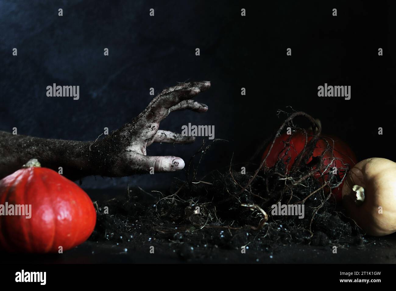 Zombie hand comes out of the grave. Halloween holiday event concept ...