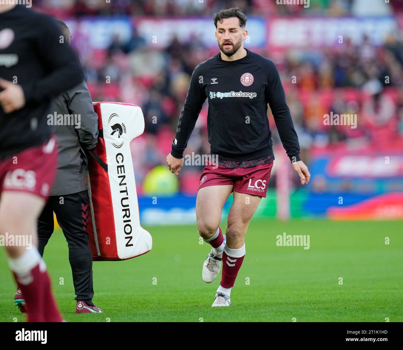 Manchester, UK. 14th Oct, 2023. Toby King #3 of Wigan Warriors warms up ...
