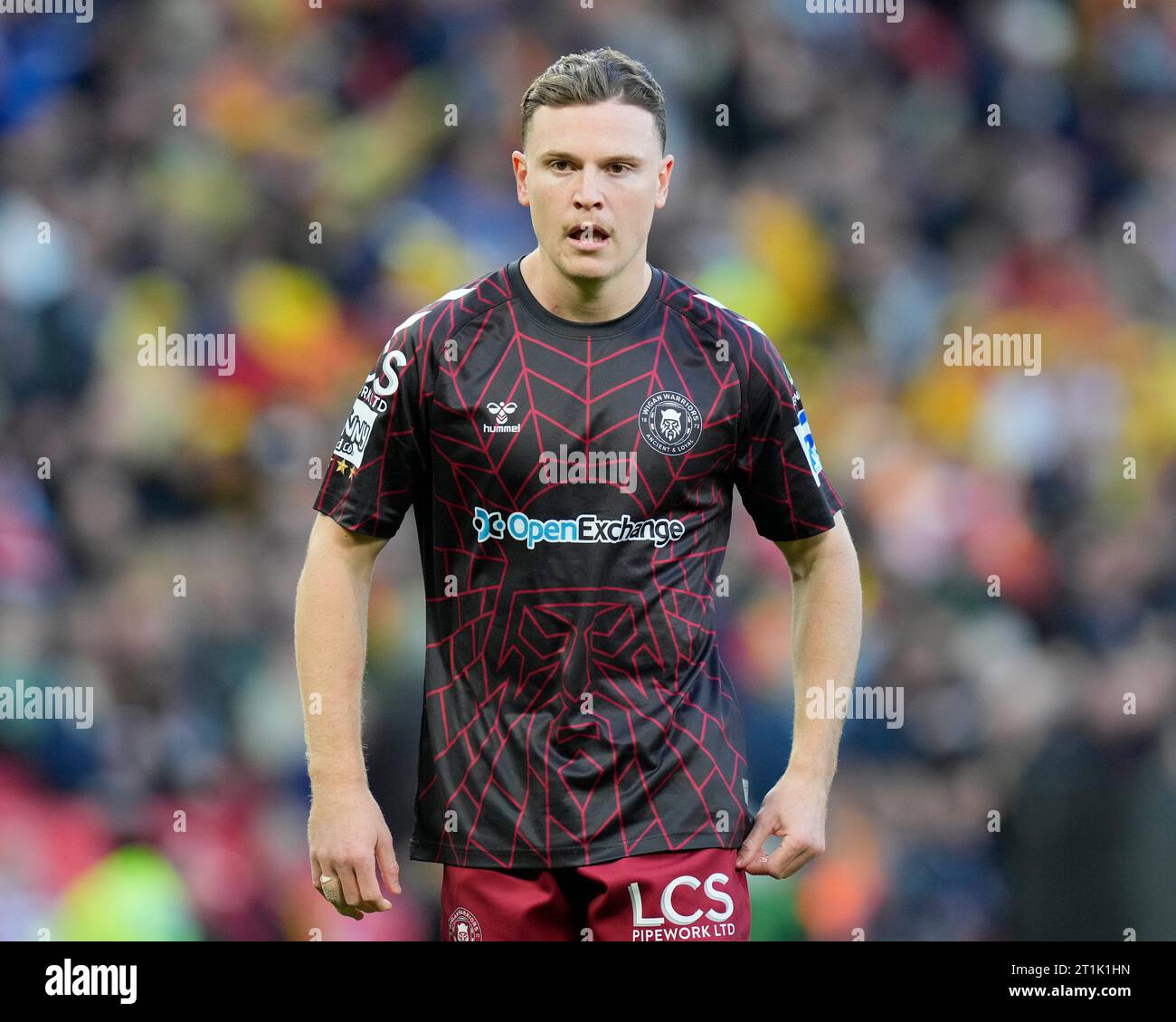 Manchester, UK. 14th Oct, 2023. Jai Field #1 of Wigan Warriors warms up ...