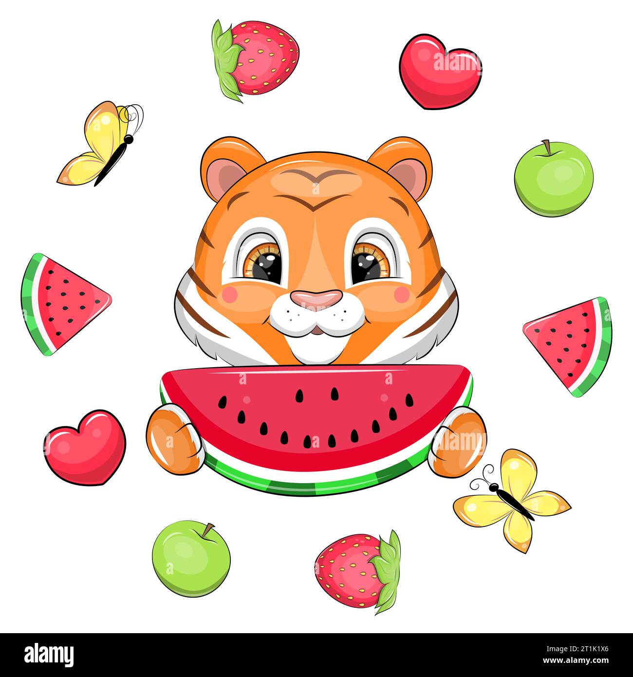 Cute cartoon tiger with watermelon in a fruit frame. Summer vector ...