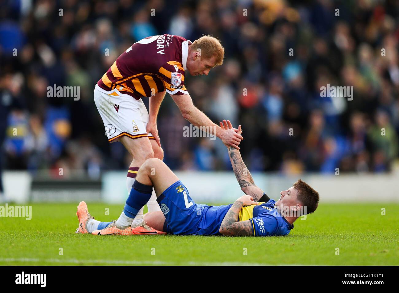 Bradford City's Brad Halliday helps up AFC Wimbledon's James Tilley ...