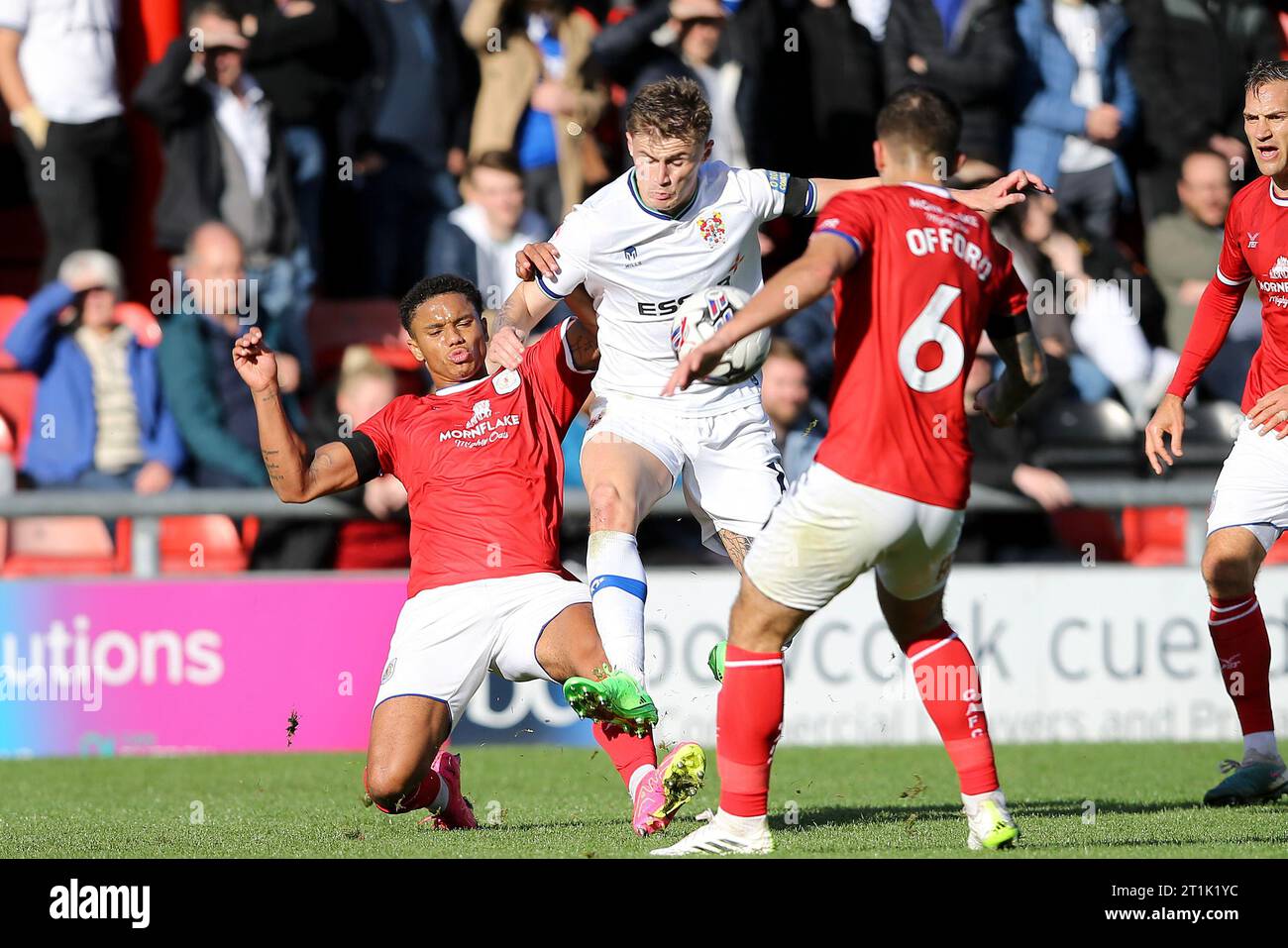 Crewe, UK. 14th Oct, 2023. Harvey Saunders of Tranmere Rovers looks to ...