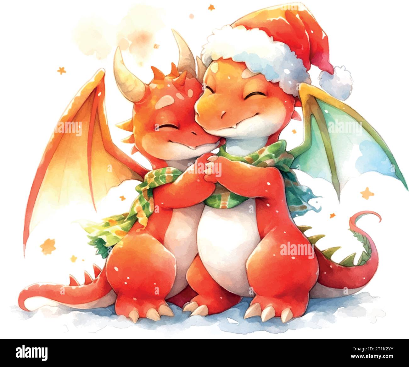 Christmas cute little 2 dragons hugging in watercolor style on white background Stock Vector ...