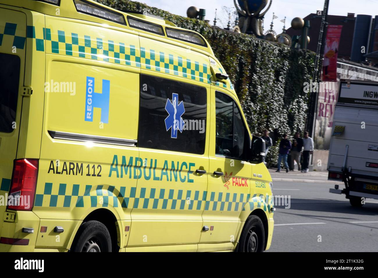 Copenhagen, Denmark /14 October. 2023/. Medical ambulance alarm 112 in danish ccapital. (Photo ...