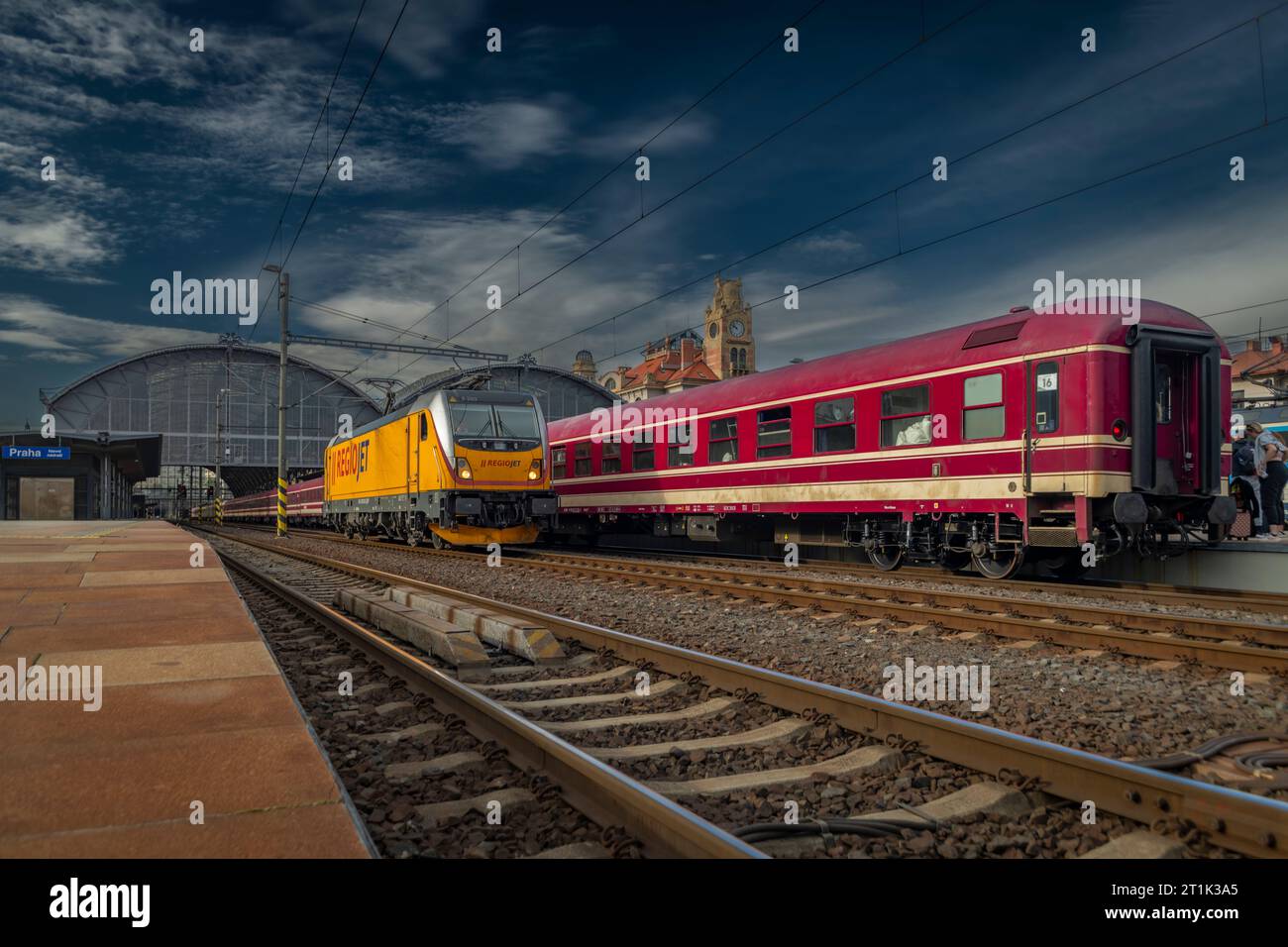 Euro express night long sleeping train in autumn morning in Prague CZ ...