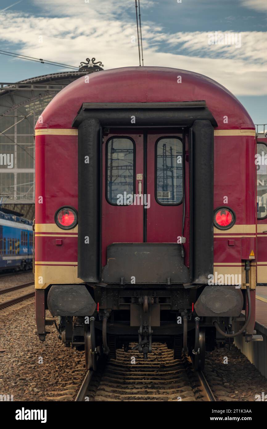 Euro express night long sleeping train in autumn morning in Prague CZ ...