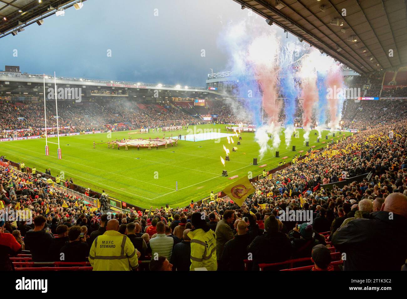 Teams walk out on to the pitch ahead of the Betfred Super League Grand ...